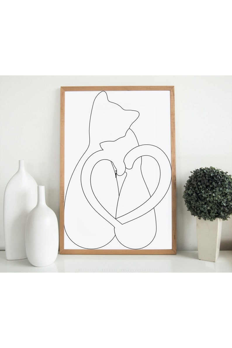 Cats Line Art, Minimalist Cat Art, Cats in Love Wall Art, Cats Hugging ...