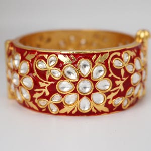 Kundan Openable Kada Bangle | Red & Green Enamel Bridal Bracelet | Adjustable Gold Plated Indian ...
