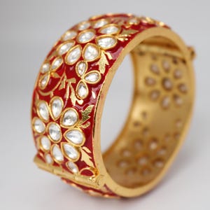 Kundan Openable Kada Bangle | Red & Green Enamel Bridal Bracelet | Adjustable Gold Plated Indian ...