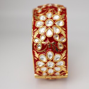 Kundan Openable Kada Bangle | Red & Green Enamel Bridal Bracelet | Adjustable Gold Plated Indian ...