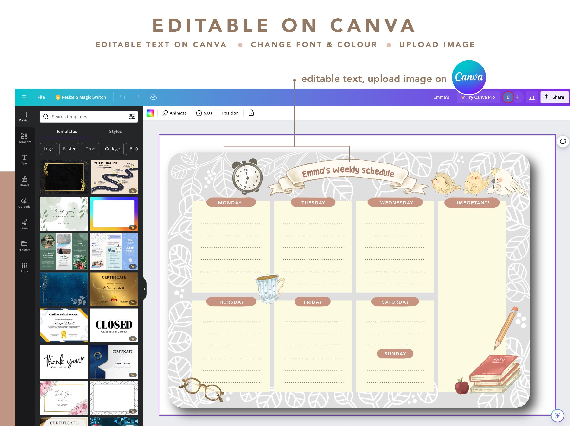 Printable School Time Table Editable in Canva Kids Daily Schedule, Back ...