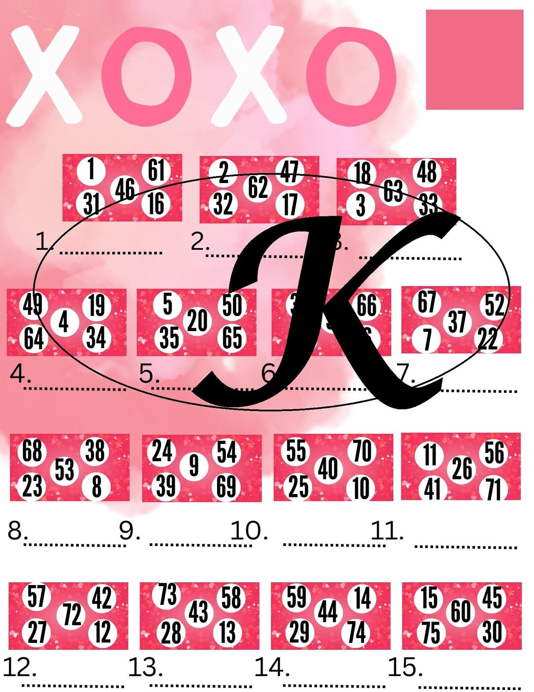 15 Player Bingo Card Valentine's Day XOXO Digital - Etsy