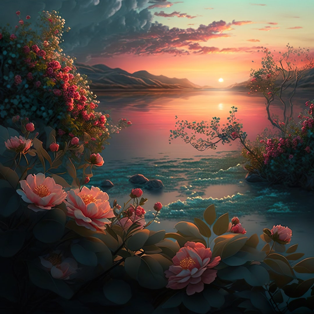 Beautiful Landscape Art Print, Landscape Art Digital Print, Flowers ...