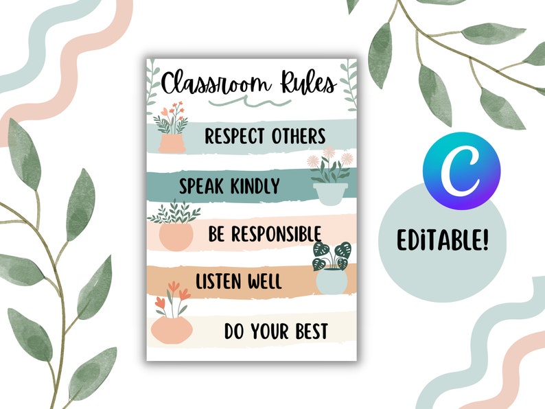 Boho Leaves Themed Classroom Rules Poster Editable Printable Canva ...