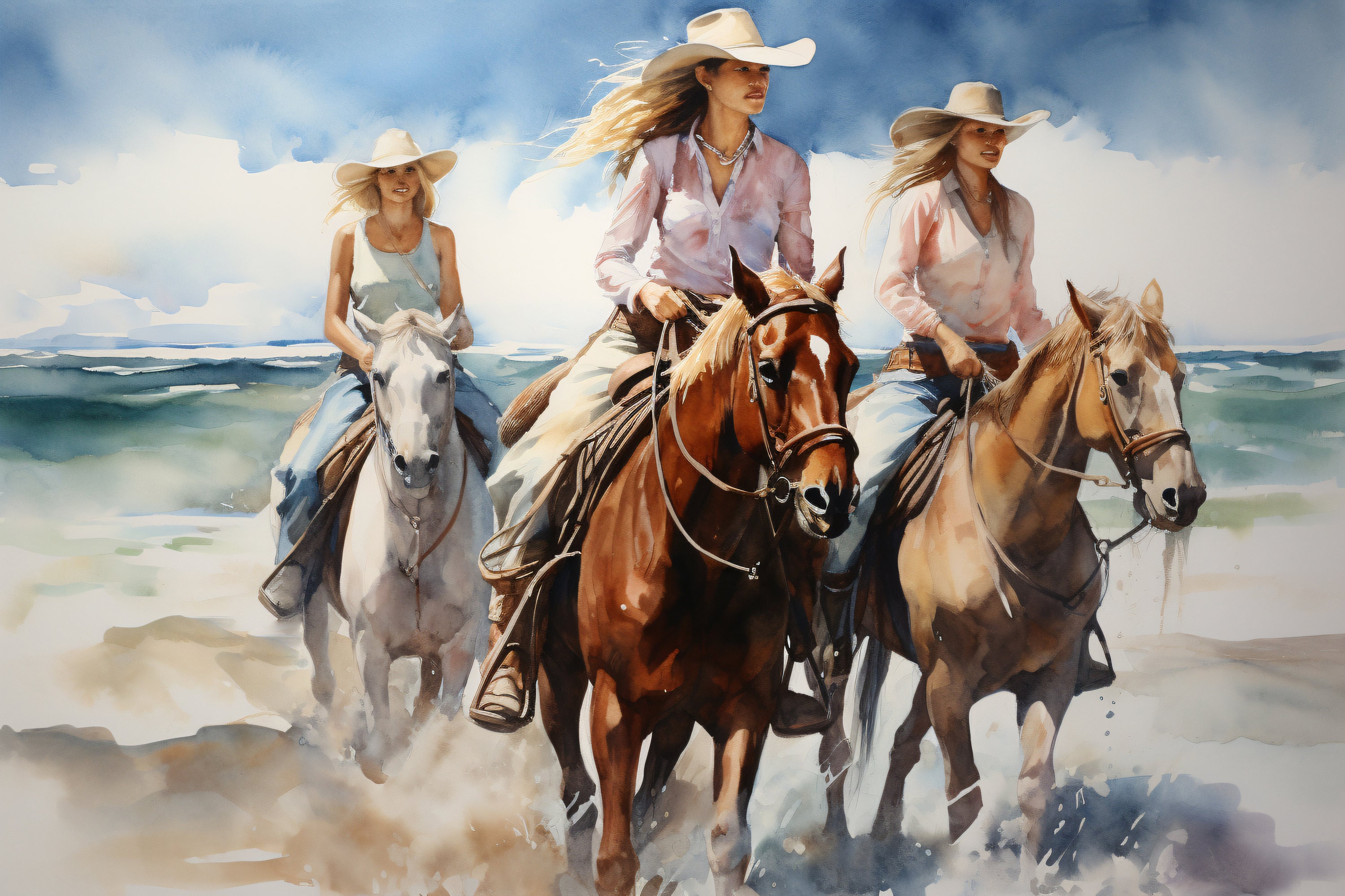 Coastal Cowgirls, Printable Wall Art, Watercolor Poster Design, Digital ...