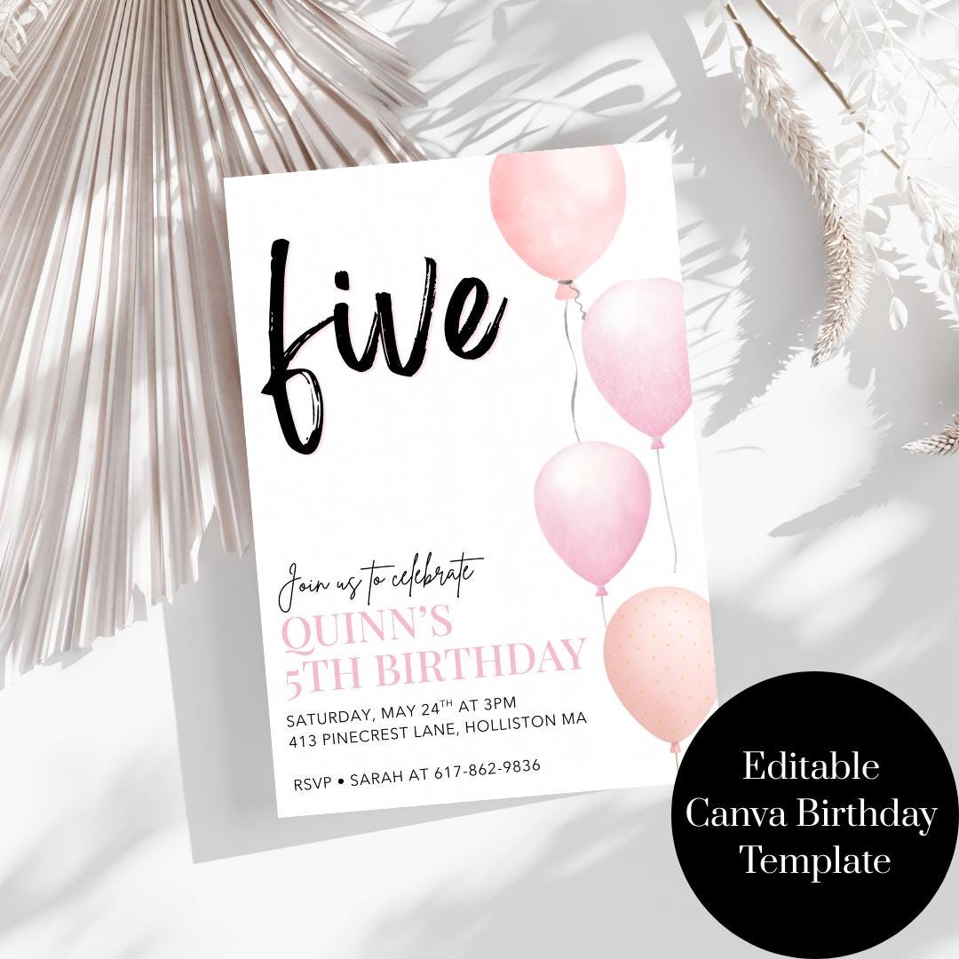 Girls Birthday Invitation Editable Pink Balloons, Modern Girls Birthday ...