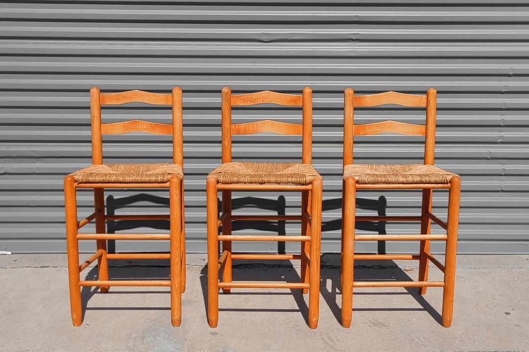 Set of 3 Post Modern Rush and Oak Barstools - Etsy
