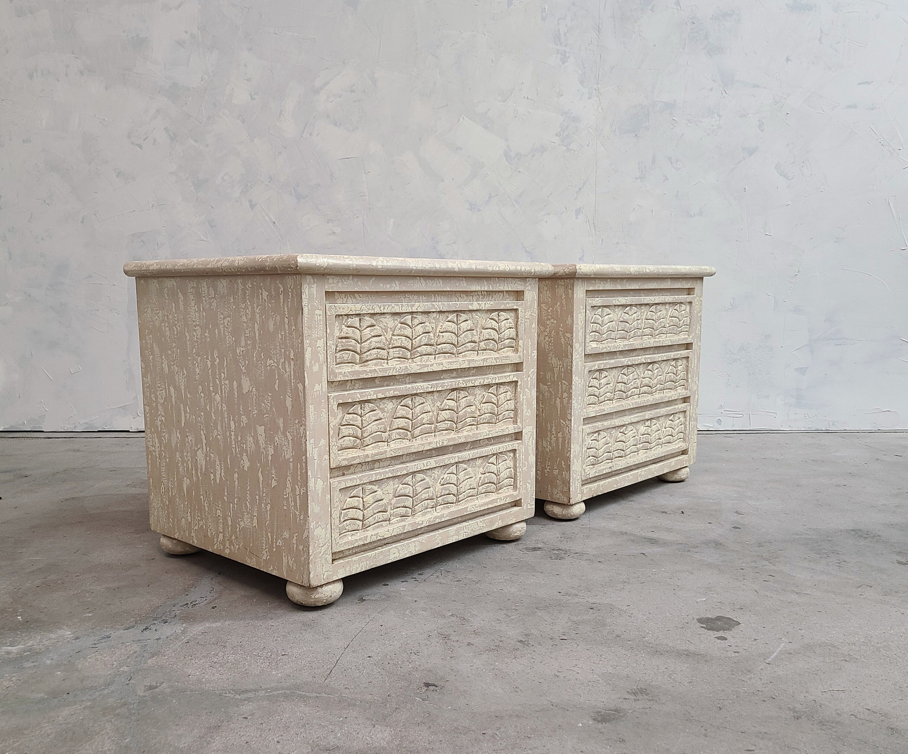 Pair of Boho Chic Carved Whitewashed Oak Wood Leaf Motif Nightstands - Etsy