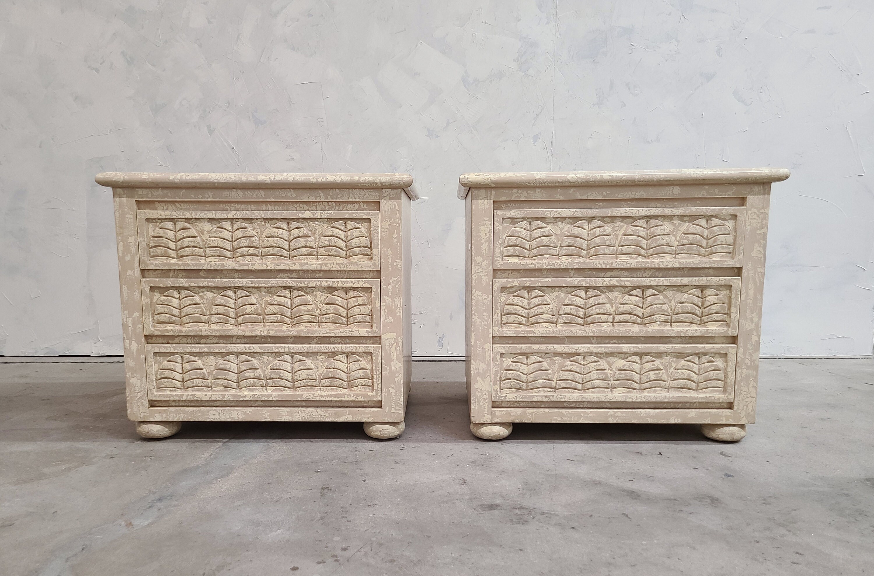 Pair of Boho Chic Carved Whitewashed Oak Wood Leaf Motif Nightstands - Etsy