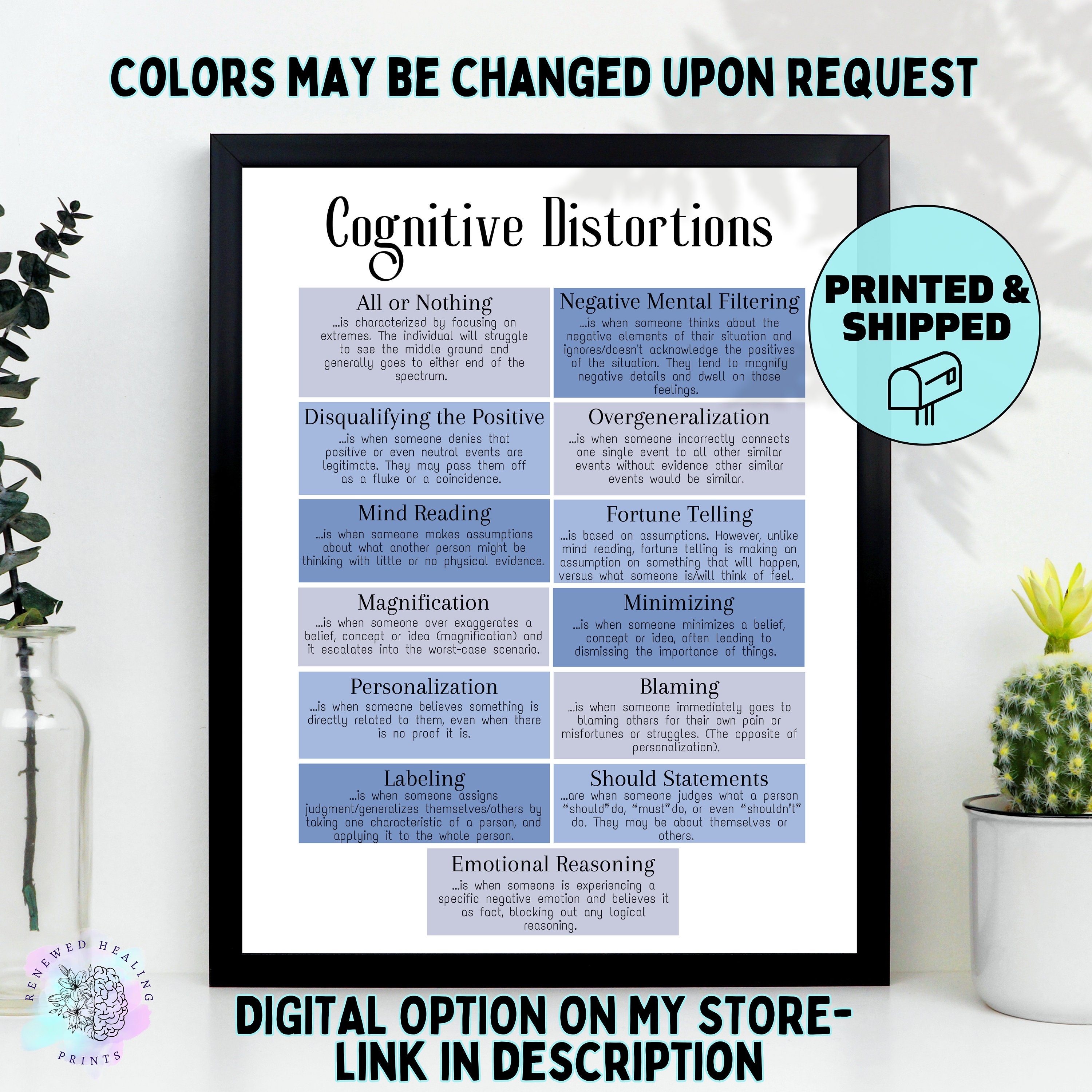 Cognitive Distortions, CBT Thinking Errors, Blue, for Social Workers ...