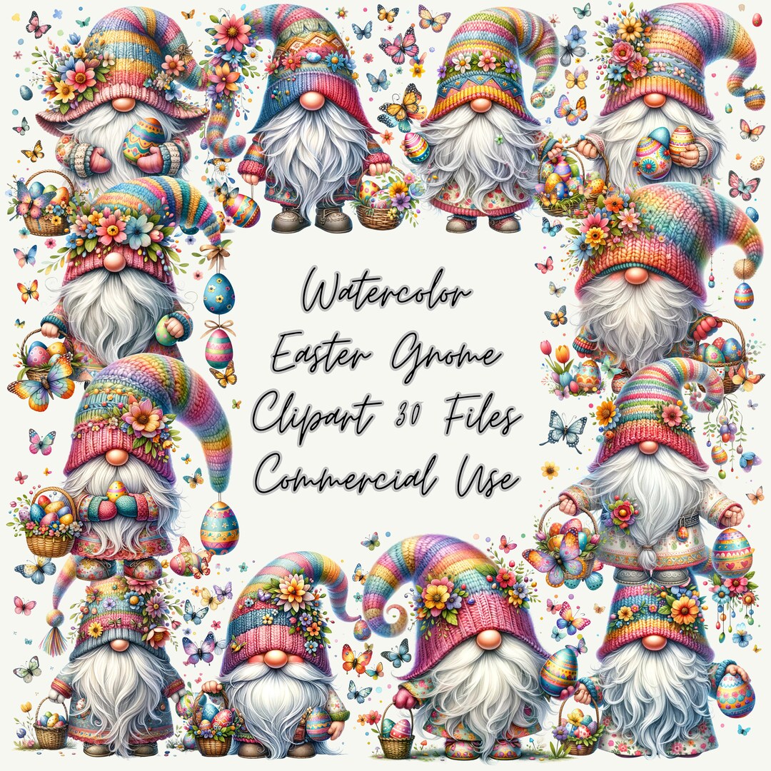 Watercolor Easter Gnome Clipart 30 PNG, Garden Gnome, Easter Clipart ...