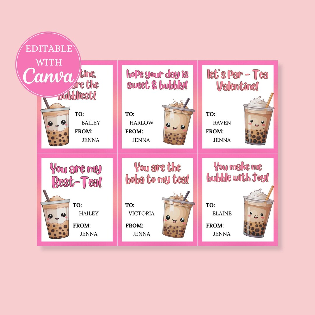 Boba Tea Valentine Cards, Cute Valentine Gift Tags, Kids Classroom ...