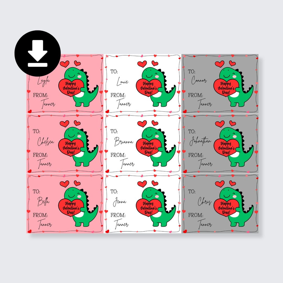 Cute Dinosaur Valentines Day Cards, Kids Dino Treat Tags, Printable ...