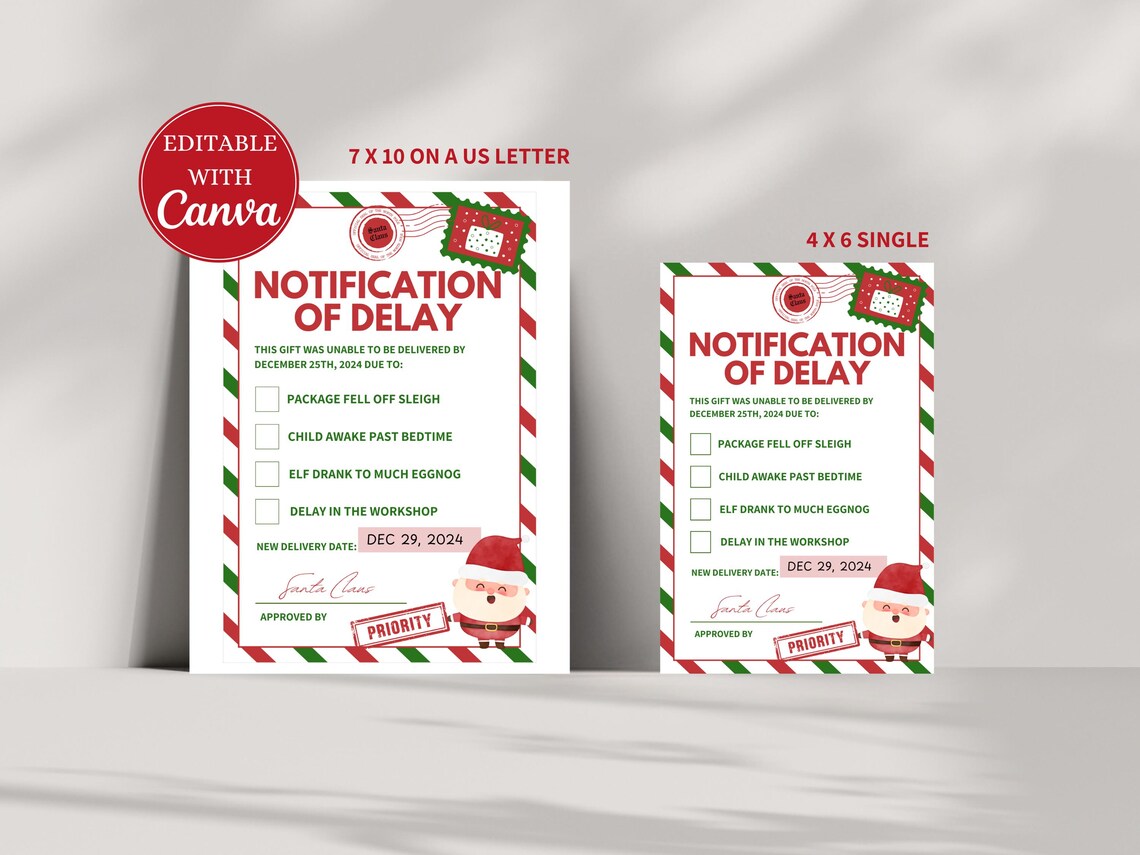 Notification of Delay Label Template, Late Christmas Gift Label, Santa ...