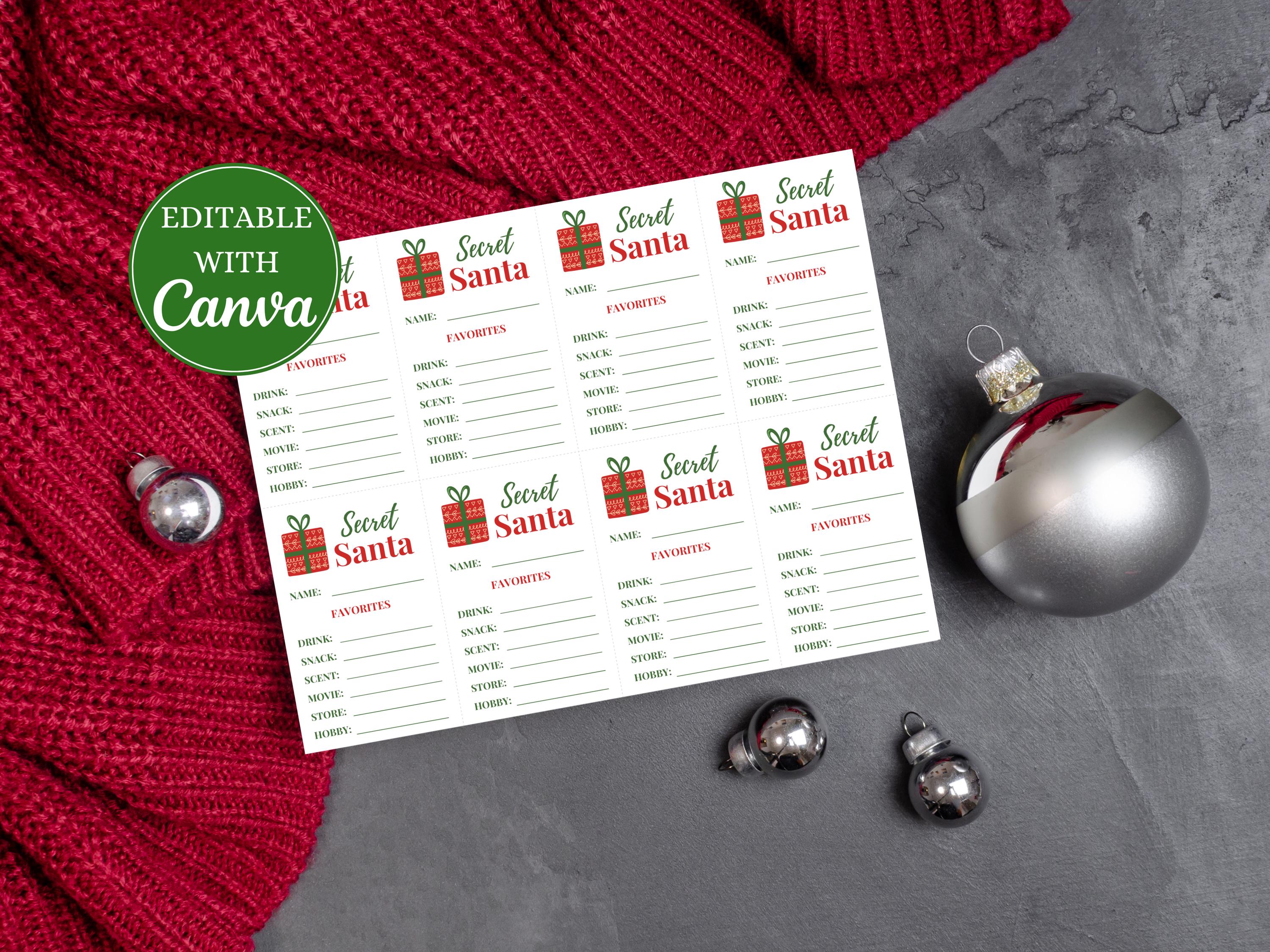 Editable Mini Secret Santa Questionnaire: Gift Exchange Cards (digital ...