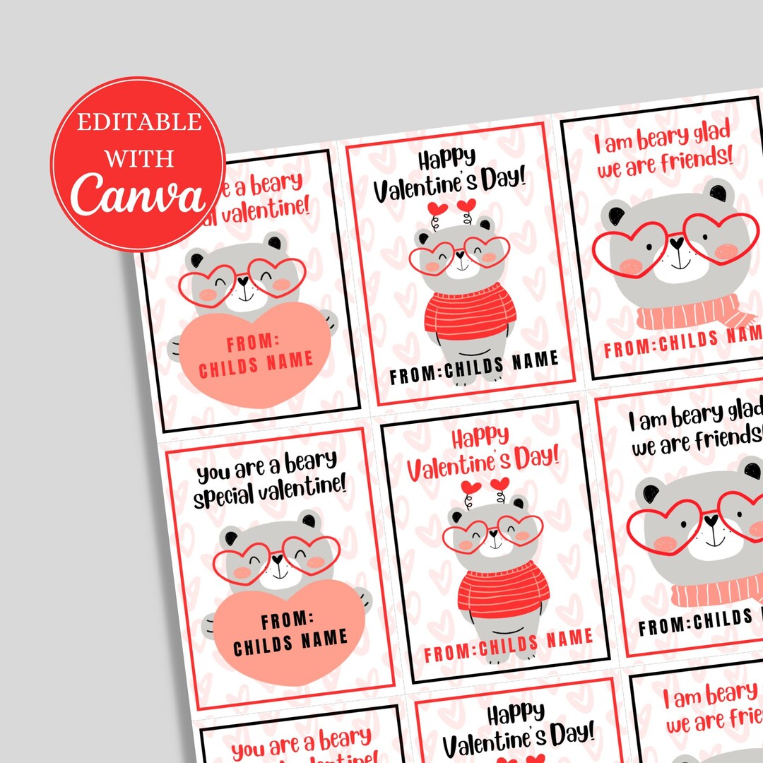 Bear Valentine Cards: Kids Classroom Gift Tags (editable Template) - Etsy