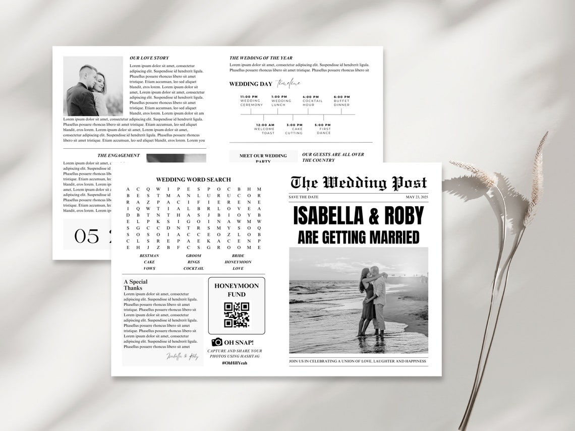 Wedding Announcement Newspaper, Honeymoon Fund QR Code, Save the Date ...