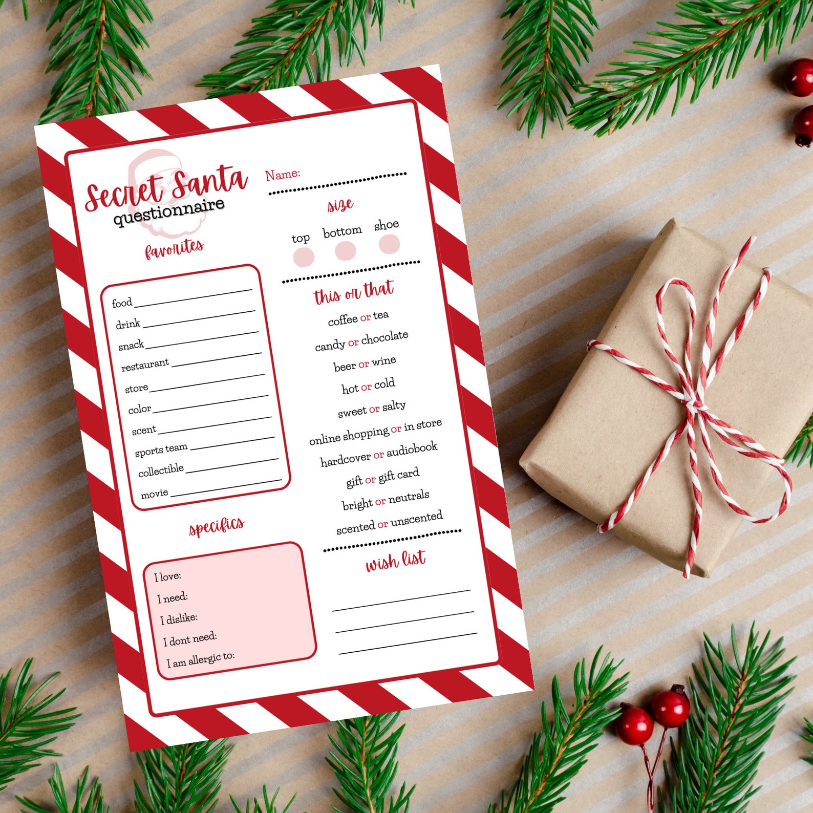 Secret Santa Questionnaire Printable, Christmas Wish List for Adults ...