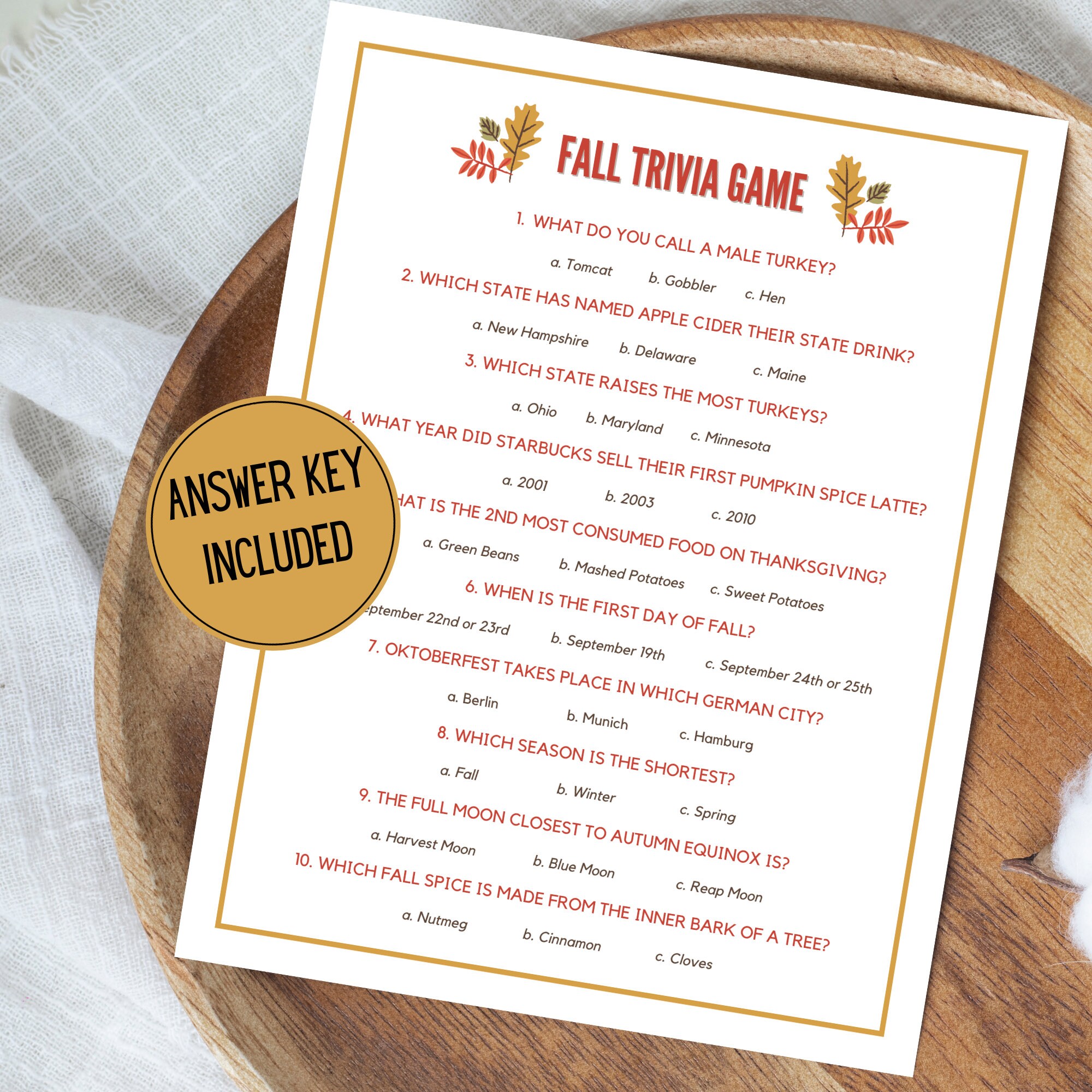 Fall Trivia Game Family Game Night Thanksgiving Trivia - Etsy