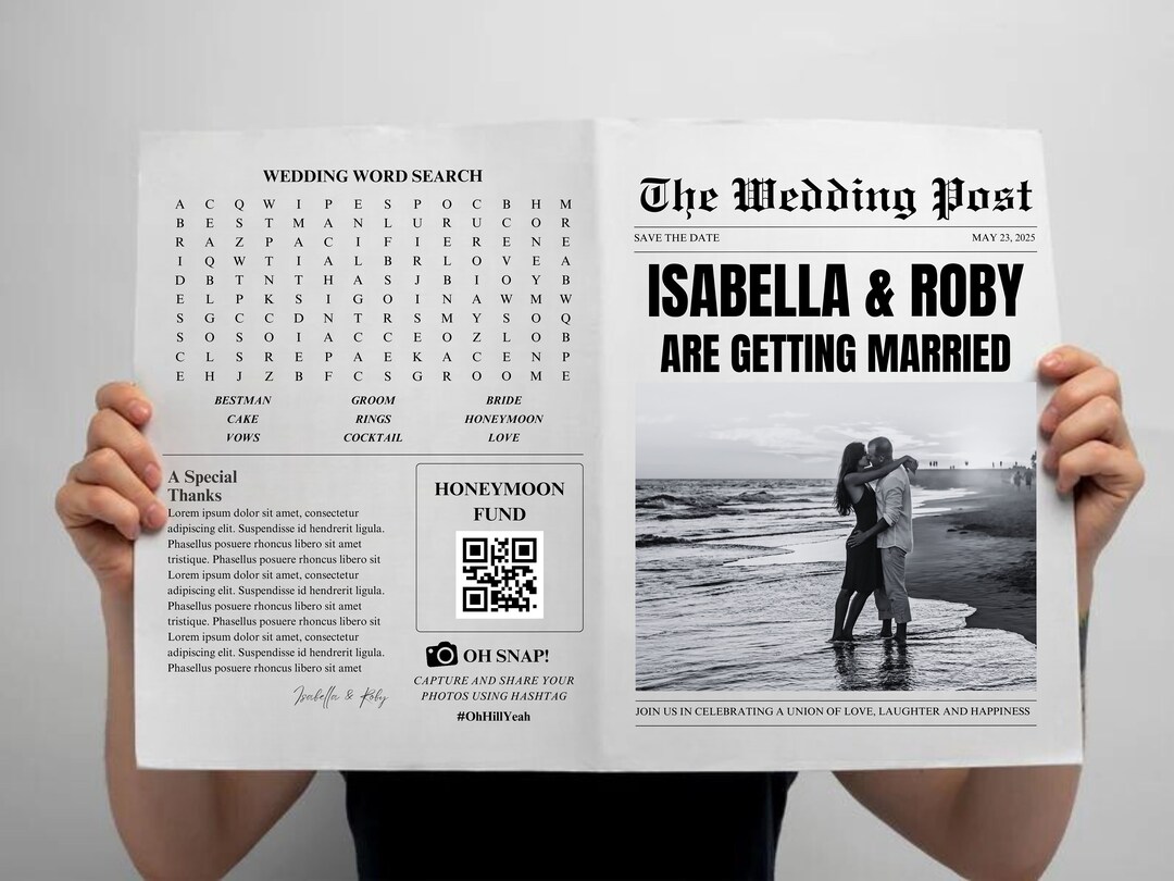 Wedding Announcement Newspaper, Honeymoon Fund QR Code, Save the Date ...