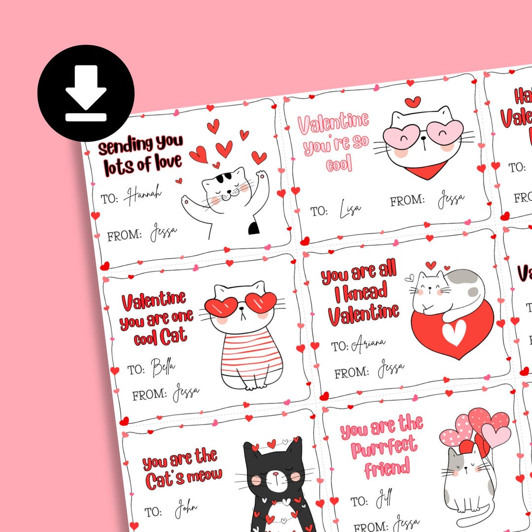 Cute Cat Valentine Day Cards, Assorted Cat Valentine Cards for Kids ...