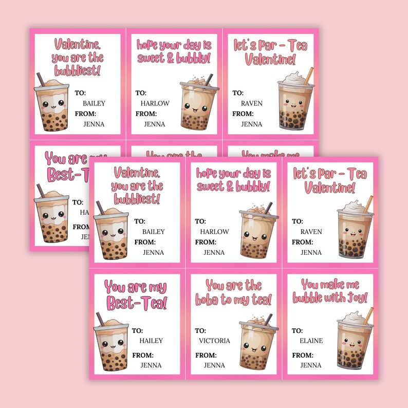 Printable Boba Tea Valentine Cards: Kawaii Kids Classroom (digital ...