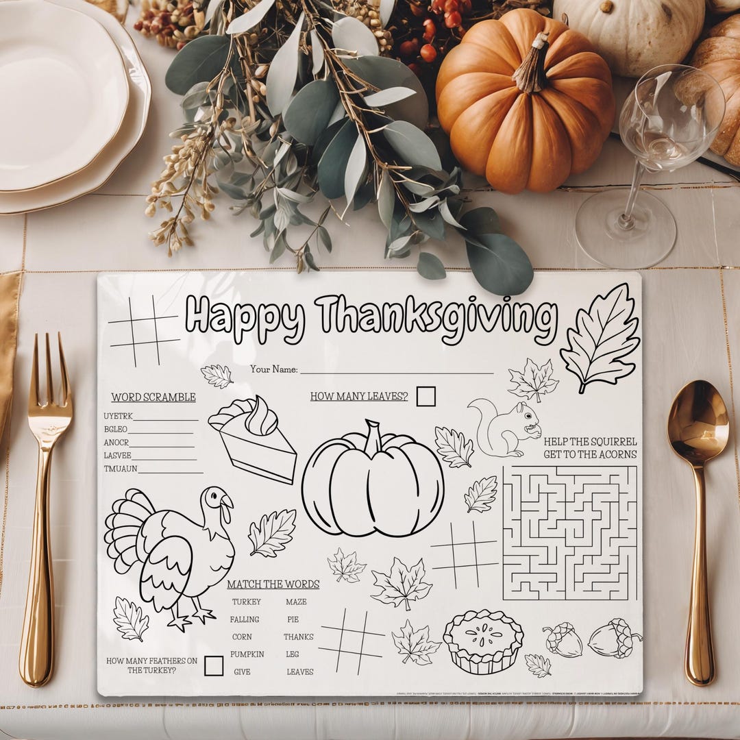 Thanksgiving Coloring Placemat, Activities for Kids, Thanksgiving ...