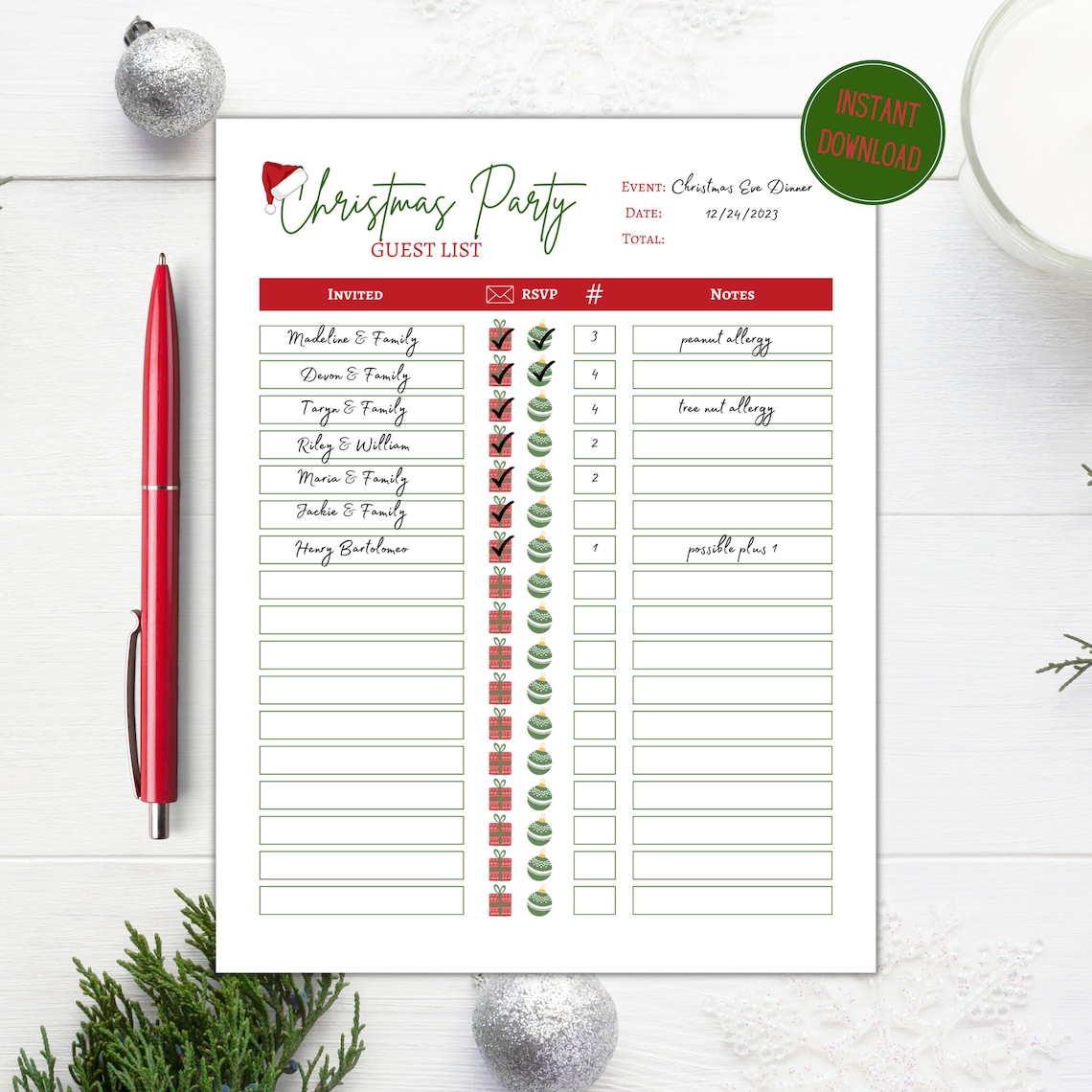 Christmas Party Guest List Printable Holiday Planner Party - Etsy