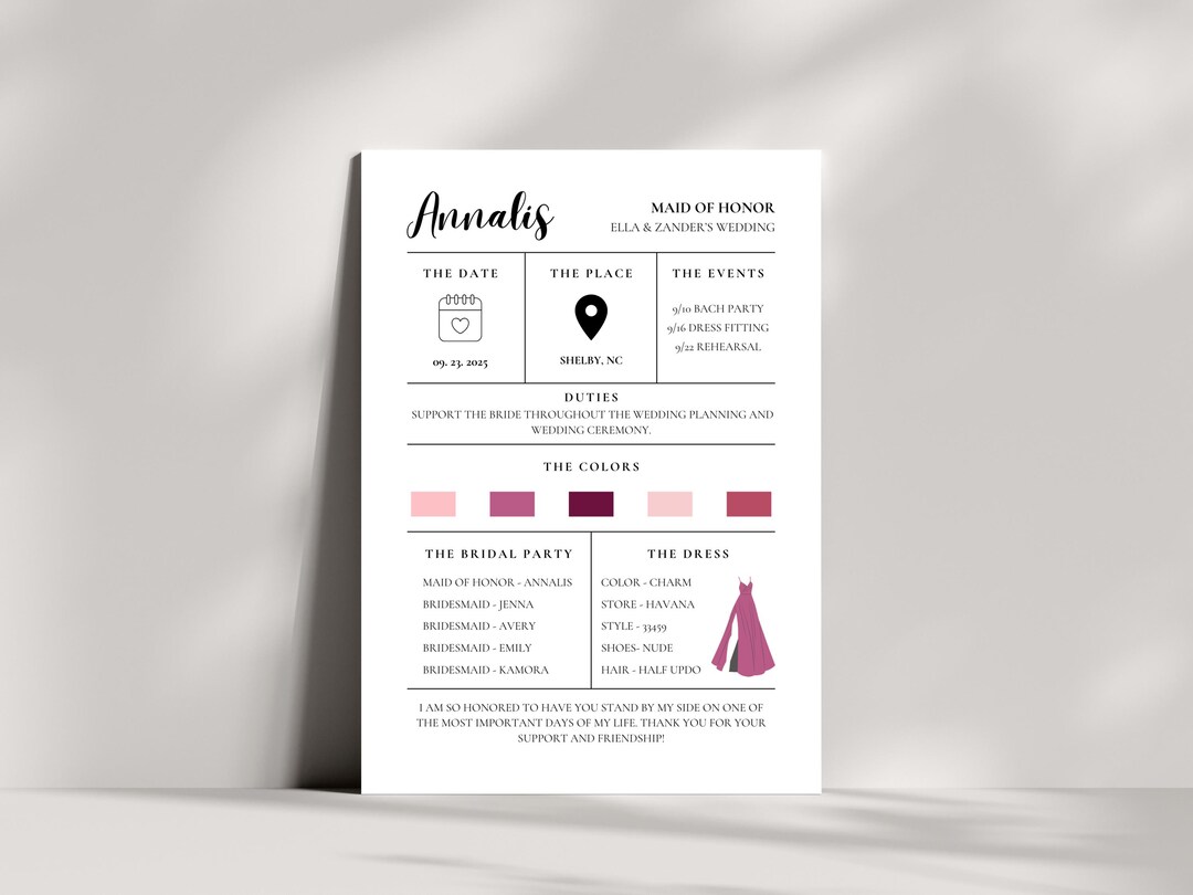 Bridal Party Info Card Template, Bridesmaid Infographic Card, Maid of ...