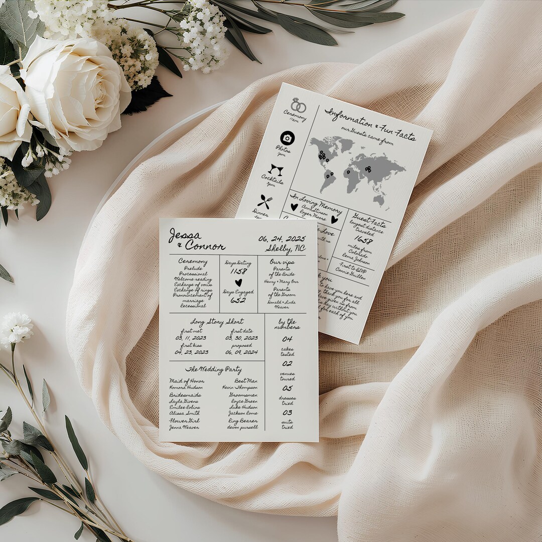 Handwritten Wedding Program Infographic: Fun Facts, Timeline (canva ...