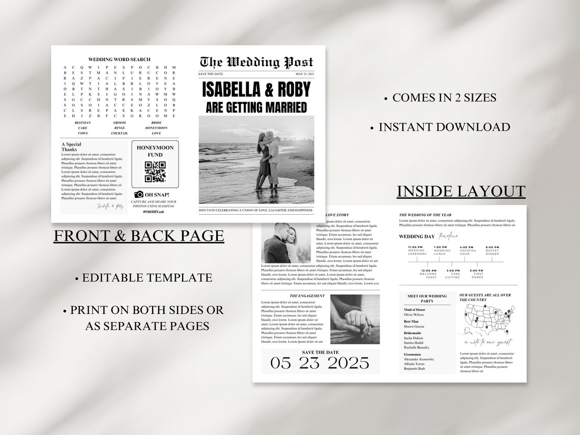 Wedding Announcement Newspaper, Honeymoon Fund QR Code, Save the Date ...