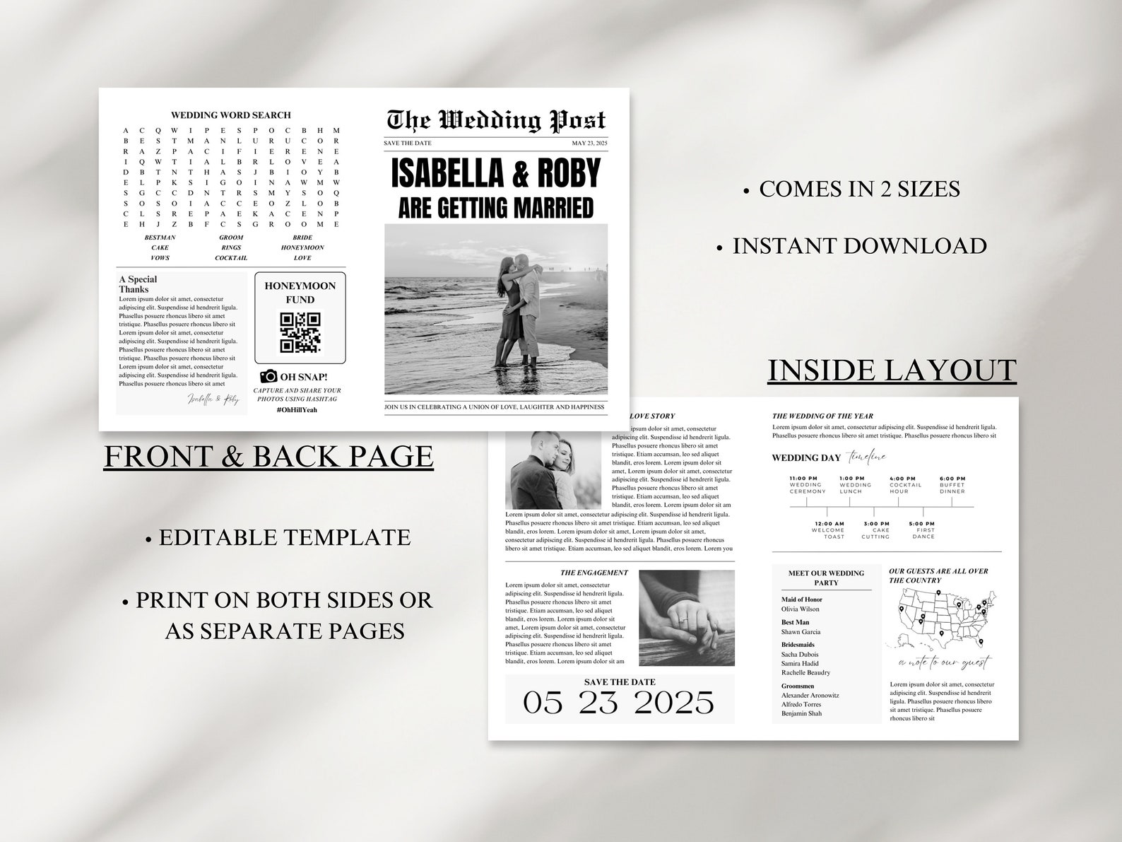 Wedding Announcement Newspaper, Honeymoon Fund QR Code, Save the Date ...