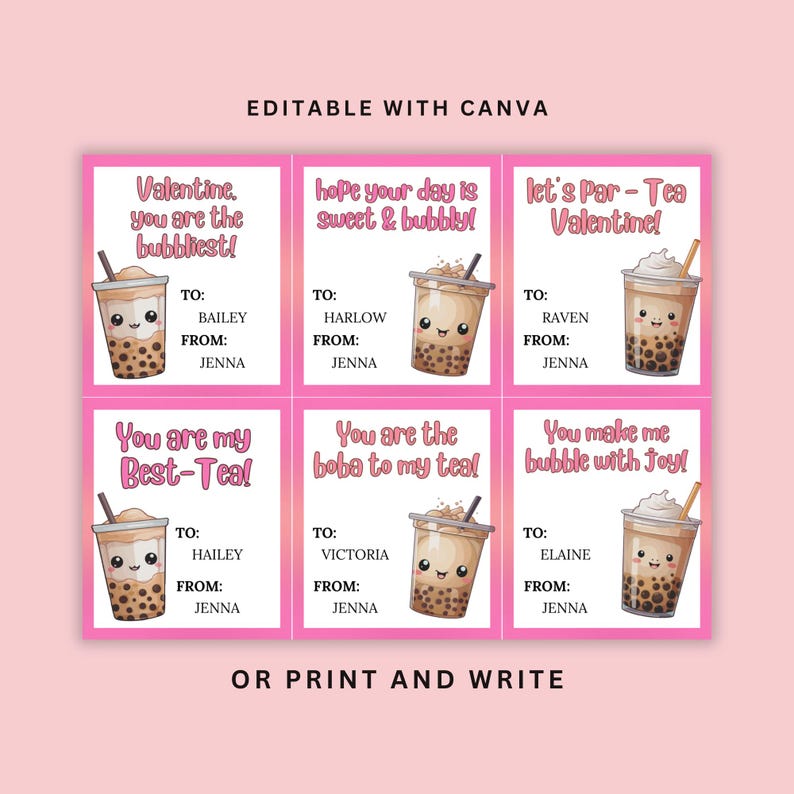 Boba Tea Valentine Cards, Cute Valentine Gift Tags, Kids Classroom ...