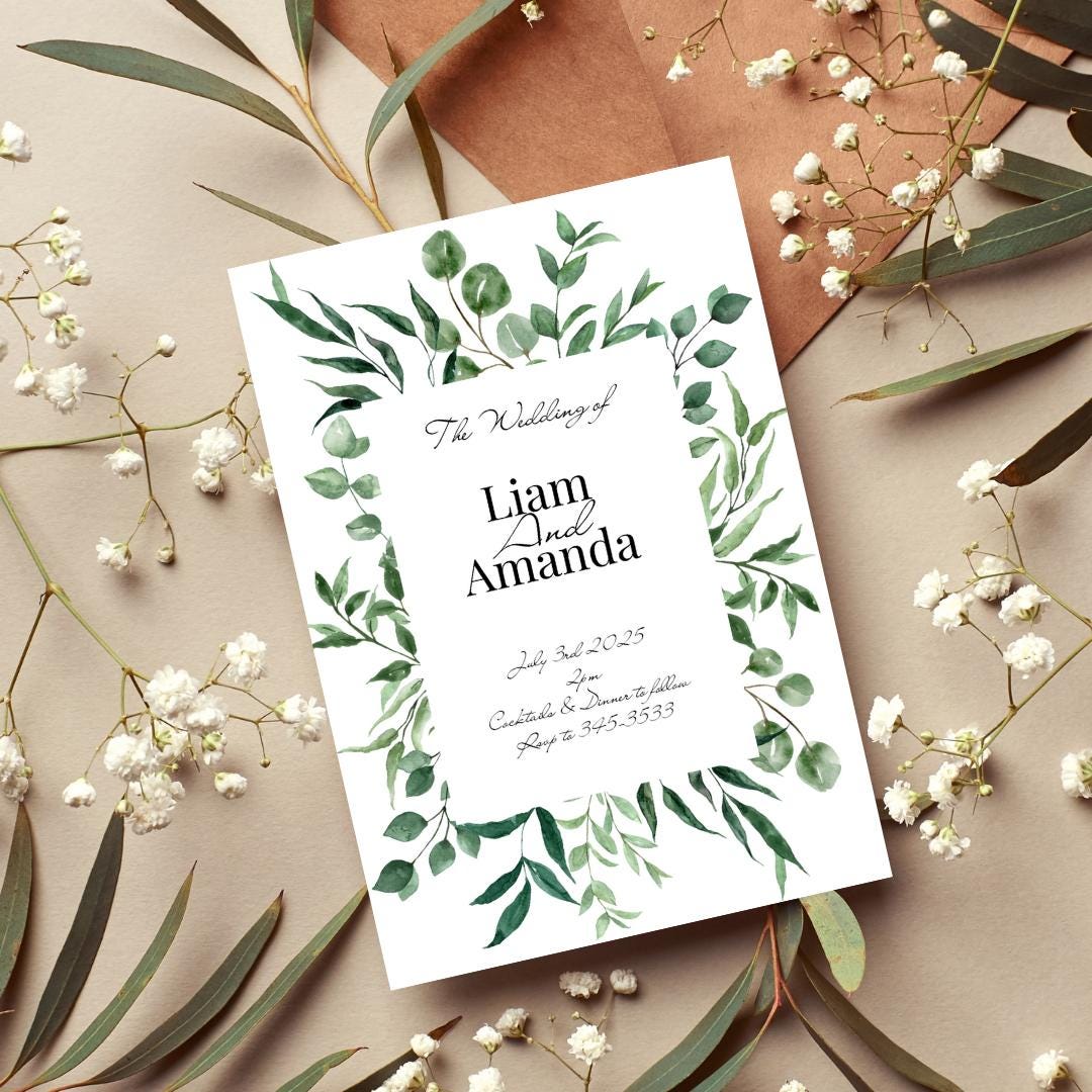 Greenery Wedding Inv Border Wedding Invitation Downloadable Canva ...