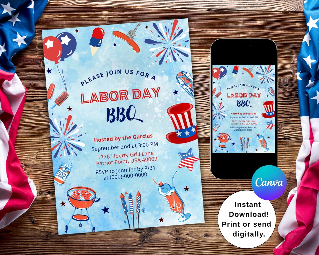 Labor Day BBQ Invitation Editable Template, Printable Red White Blue ...