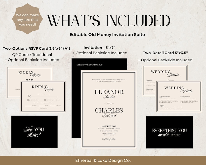 Black Old Money Wedding Invitation Suite, Classic Ivory Wedding Invite ...