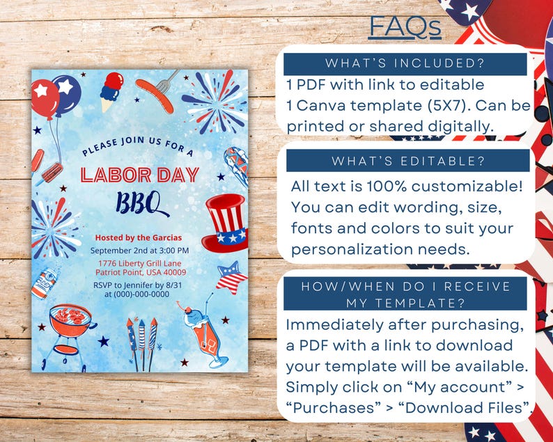 Labor Day BBQ Invitation Editable Template, Printable Red White Blue ...