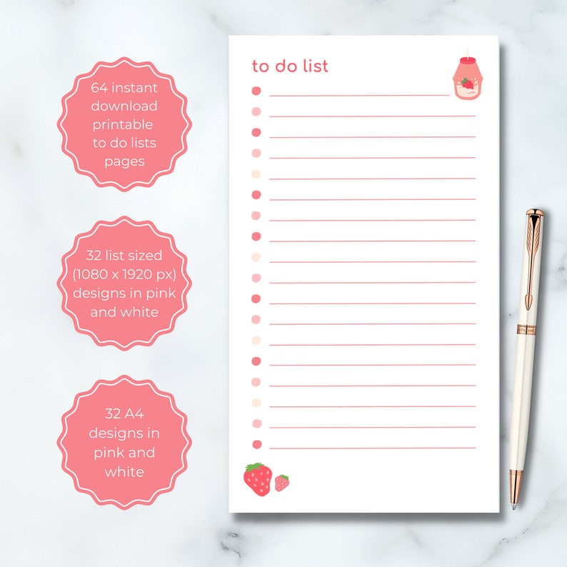 Printable to Do Lists Cute Strawberry Hearts Pack 32 Designs 64 Pages ...