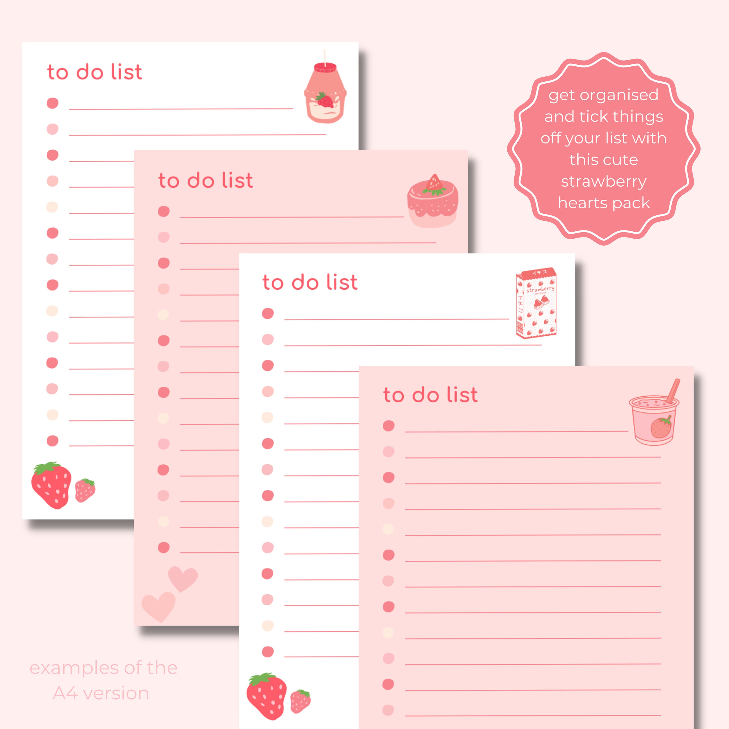 Printable to Do Lists - Cute Strawberry Hearts Pack | 32 Designs | 64 ...