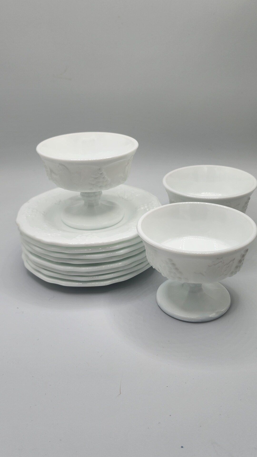 8x Milk Glass Sherbet/coupes & 8x Milk Glass Saucers/plates- With Grape ...