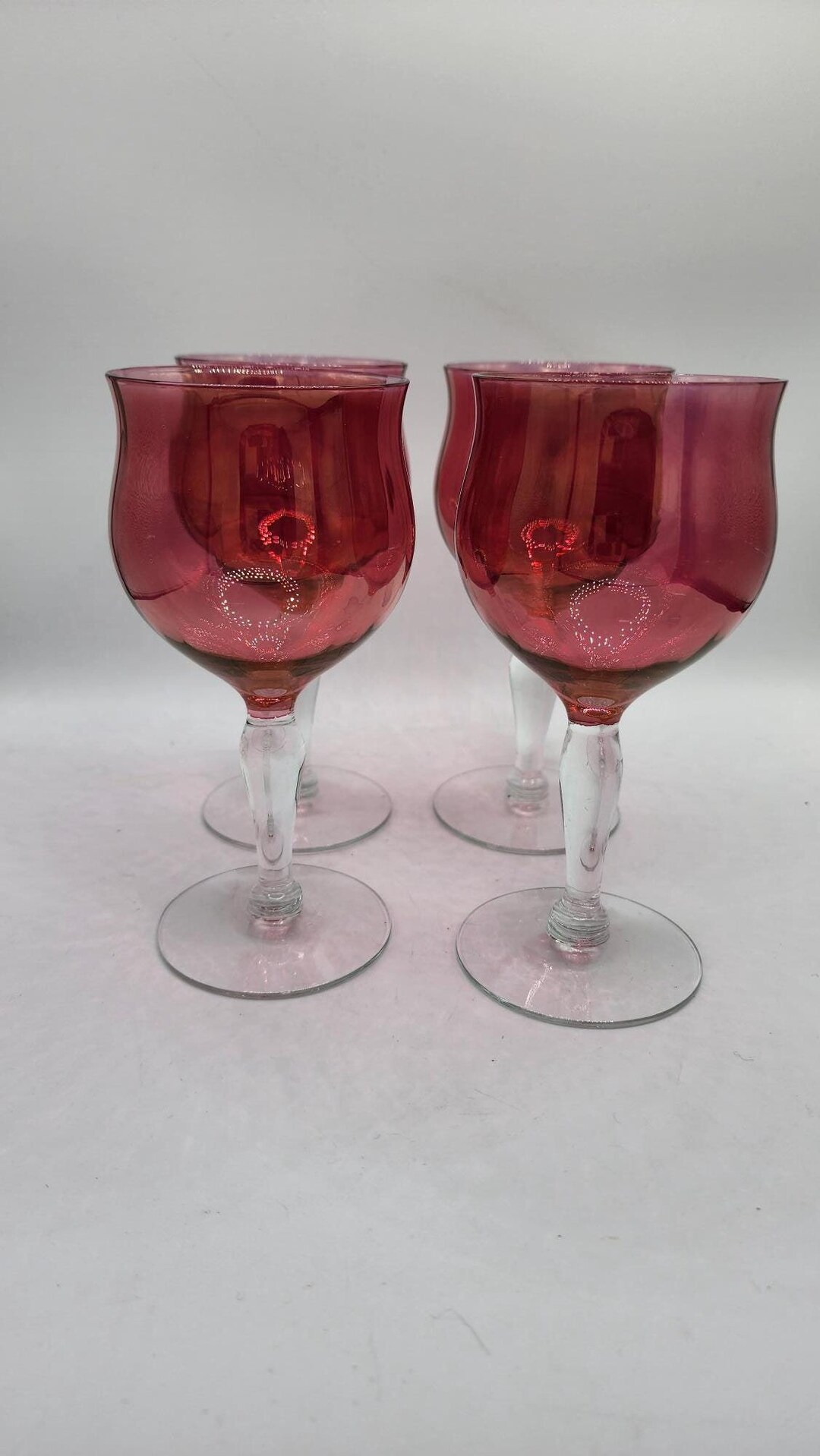 4x Vintage Beautiful Ruby Red Iridescent Sheen Ribbed Wine Glasses With ...