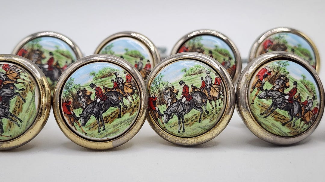 9x Vintage Fox Hunt/ Equestrian-themed Round Silver Trimmed Drawer ...