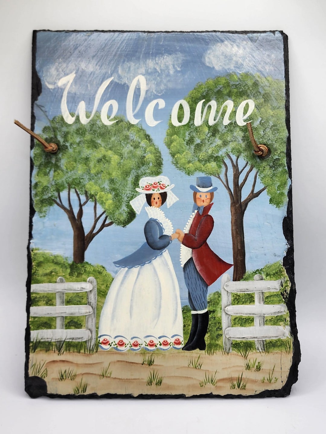 Slate Stone Hand Painted 14" Welcome Sign With Victorian Couple - Etsy