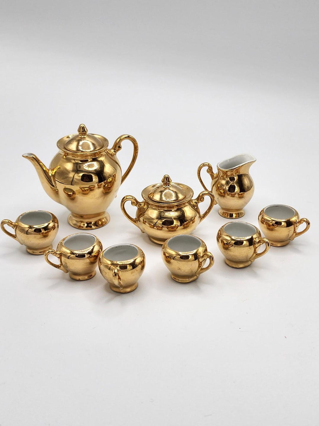 Vintage Ćmielów Miniature Gold Gilt Polish Porcelain 9-piece Tea Set ...
