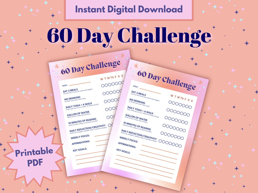 60 Day Challenge Printable Digital Tracker for Fitness, Wellness, and ...