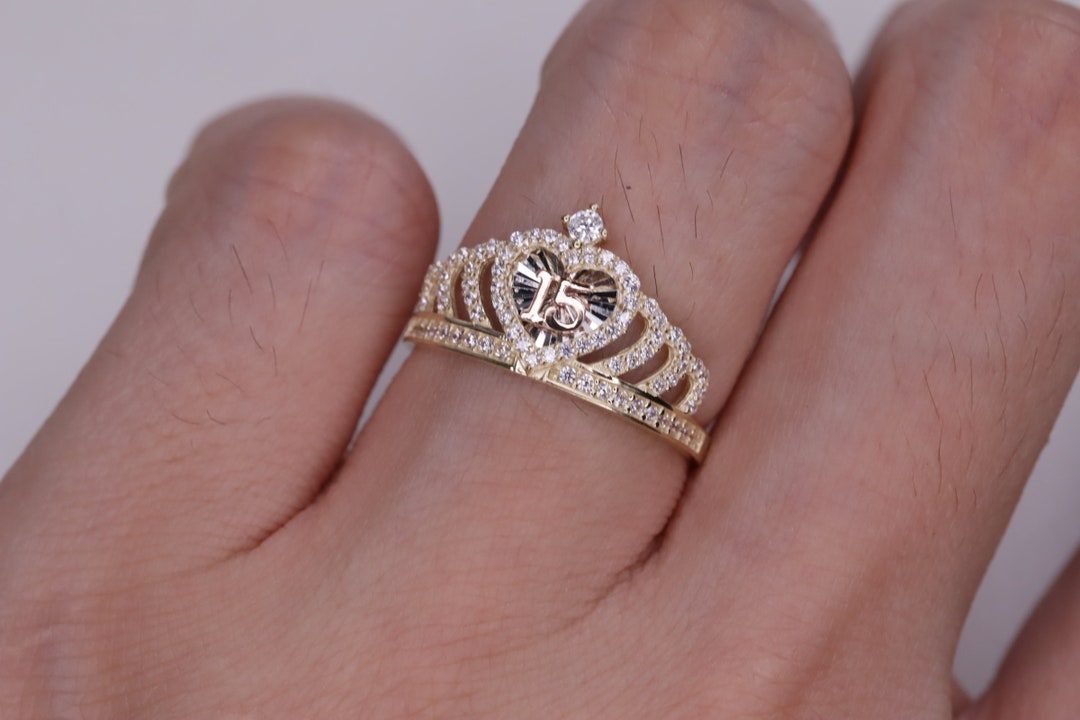 14K Solid Gold Quinceañera Heart CZ Ring / 14K Real Gold 15 - Etsy