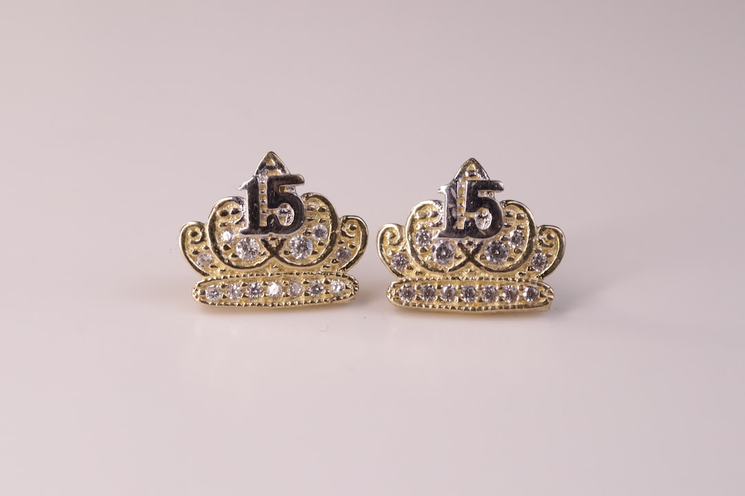 10K Yellow Gold CZ Quinceanera Queen Earrings / Anos 15 Birthday ...