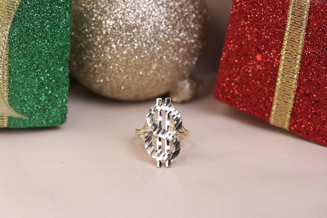 10K Yellow Gold Diamond Cut Shine Dollar Sign Ring / Gift for Women ...