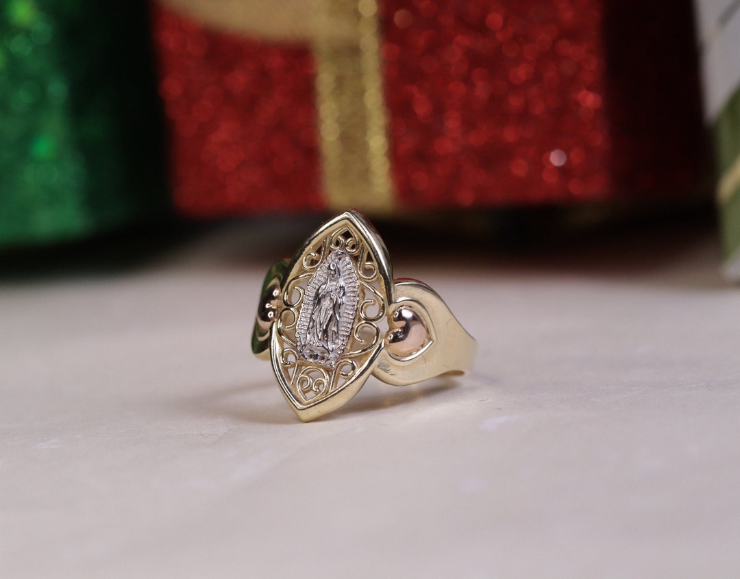 14k Yellow Gold Pray Elegant Virgin Mary Heart Ring / Religious Women ...