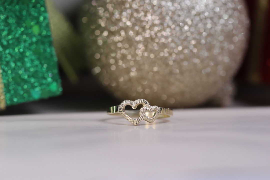 10K Yellow Gold Little Double Heart Ring / 10K Gold Stacking Ring ...